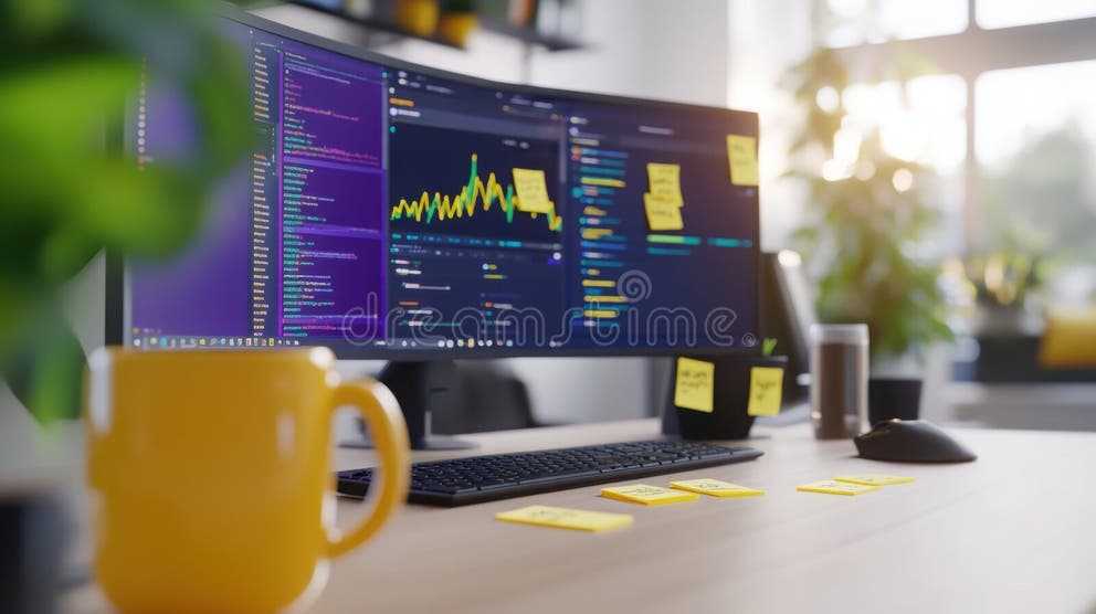 Vertical View of a Tidy Remote Office Desk with Two Monitors Displaying ...