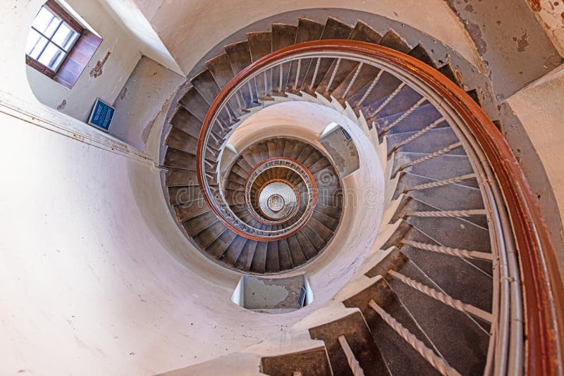 Vertical View from Top of Round Spiral Staircase in Lighthouse Stock ...