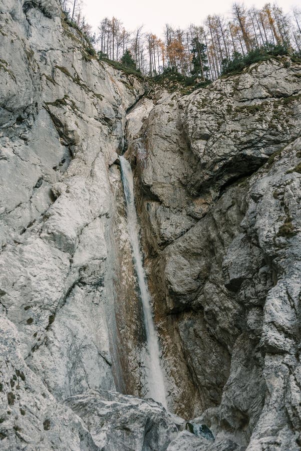 Vertical View of a Waterfall Tumbling Down a Cliff with Trees Above in ...