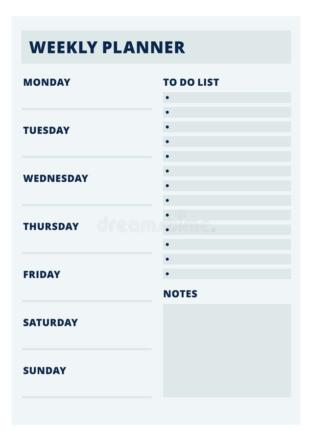 Vertical Weekly Planner Template. Notebook Week Sheet Stock Vector ...