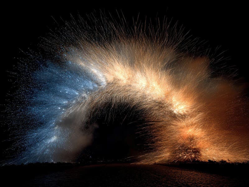 Vertical White Fire Pillar and Blue-yellow Dual Firework Arc Exploding ...