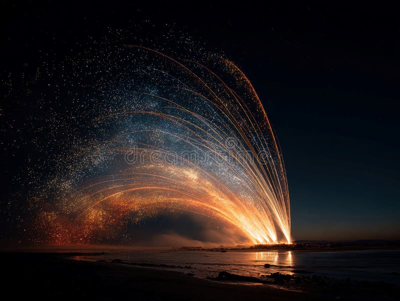 Fiery Explosion Orange Sparks Against Dark Blue Night Sky Stock Photos ...