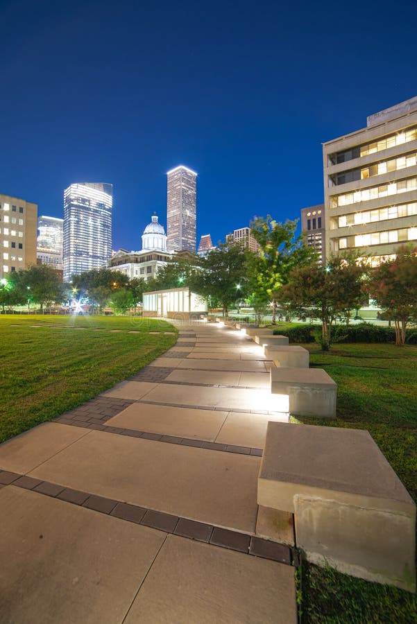 Vertical Wide-angle View of Illuminated Pathway Concrete Sidewalk Park ...