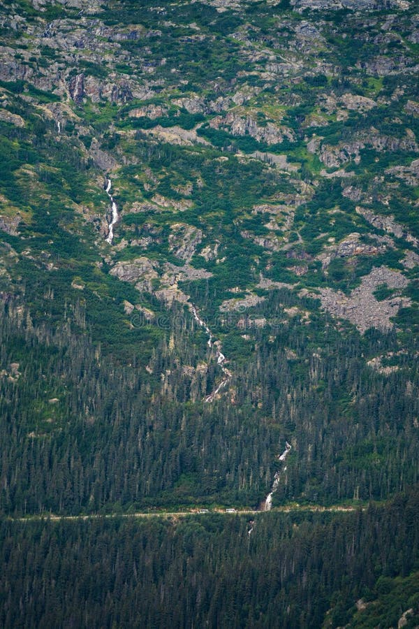 Vertical Wide Capture of Alpine Landscape with a River Running through ...