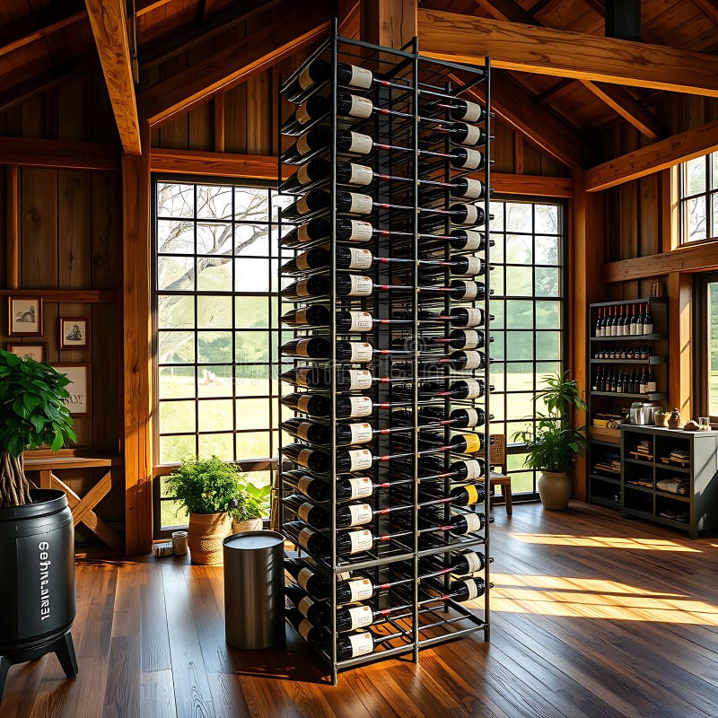 A Vertical Wine Rack with a Wine Selection Displayed in a Rustic Barn ...