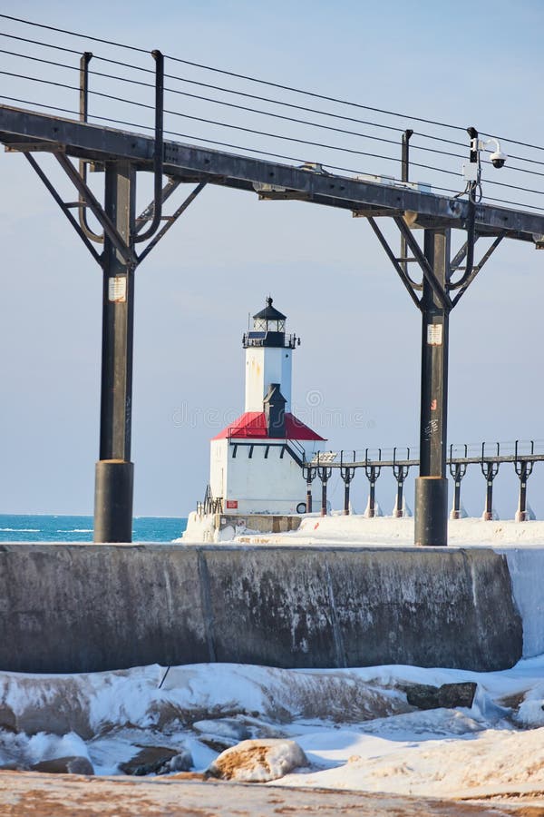 Vertical Winter View of White and Red Lighthouse on Lake Michigan ...