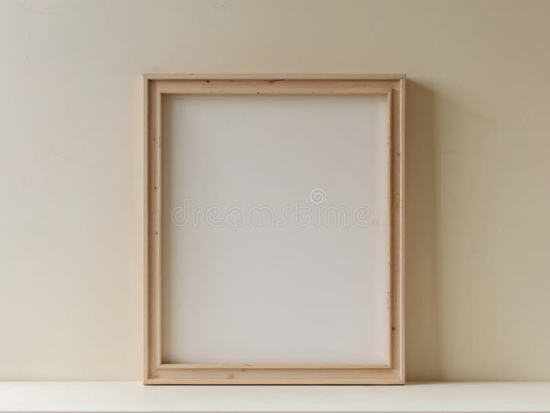 Vertical Wooden Frame Mockup on Beige Wall with Blank Canvas Stock ...