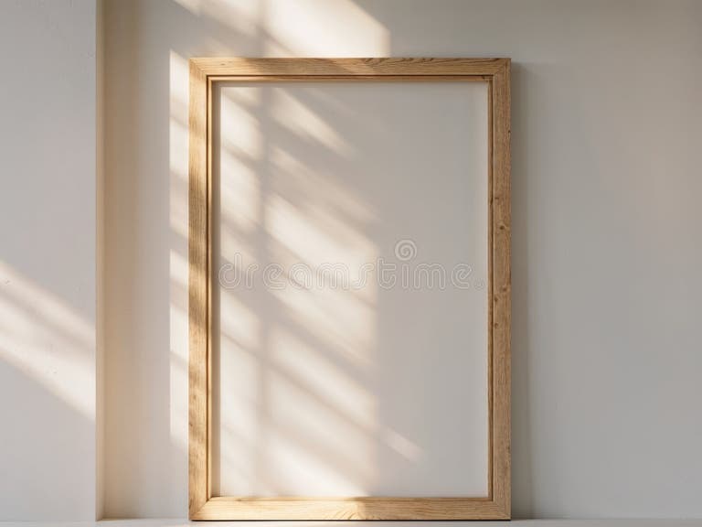 Vertical Wooden Frame Mockup with Sunlight on White Wall. Stock Image ...