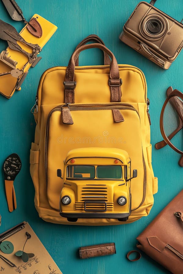 On a Vertically Oriented Blue Background, a Yellow Backpack and School ...