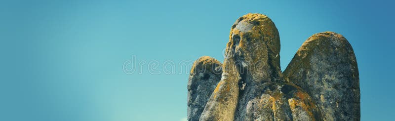 Very Ancient Stone Statue Of Beautiful Angel In Moss. Free Copy Space ...