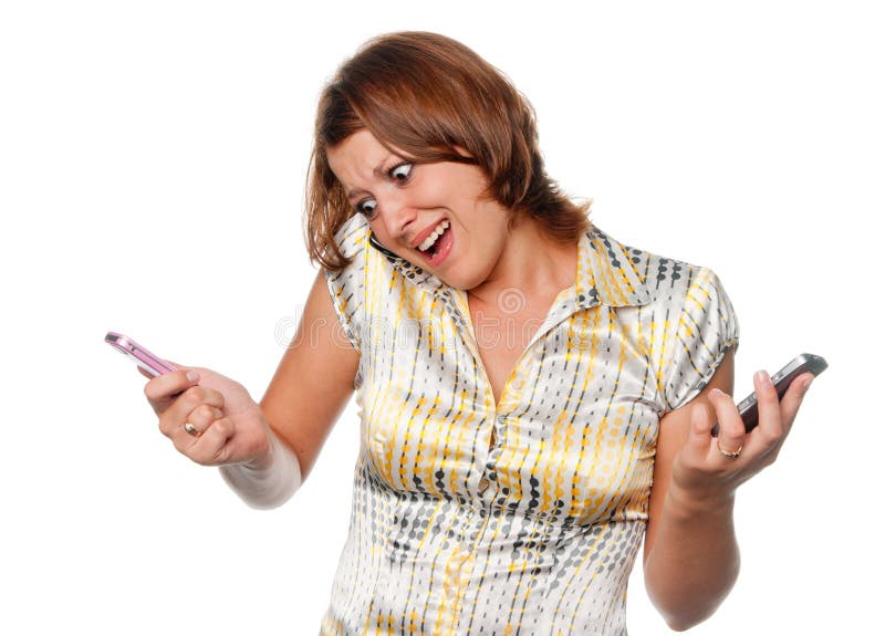 Very Angry Girl and Three Mobile Phones Stock Photo - Image of ...