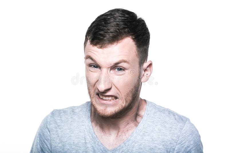 Very Angry Young Man on Whited Stock Photo - Image of expression, blue ...
