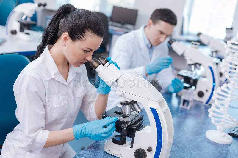 Very Attentive Scientist Looking into Microscope Stock Photo - Image of ...