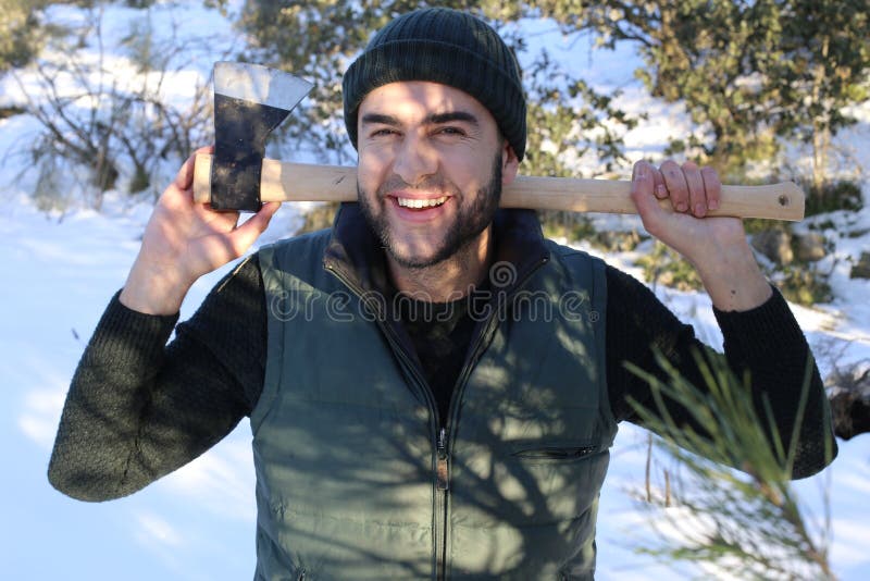 Very Attractive Lumberjack in the Snow Stock Image - Image of caucasian ...