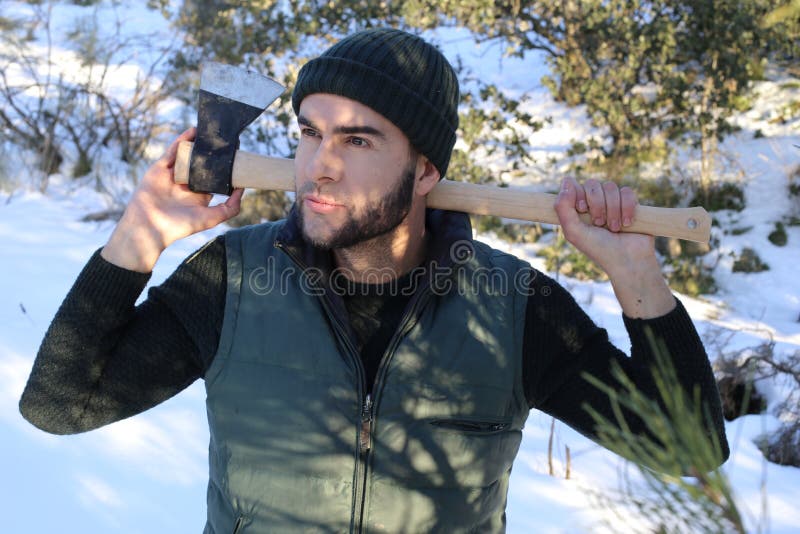 Very Attractive Lumberjack in the Snow Stock Image - Image of lumberman ...