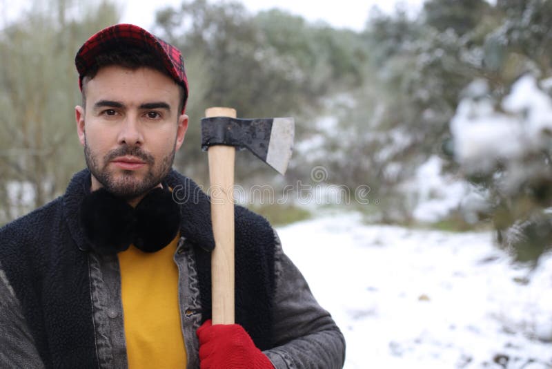 Very Attractive Lumberjack in the Snow Stock Image - Image of logger ...