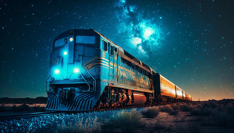 Very Beautiful Night Sky Glow Side Train Stars in, Generative AI Stock ...