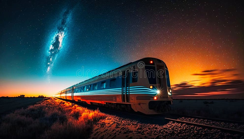 Very Beautiful Night Sky Glow Side Train Stars in, Generative AI Stock ...