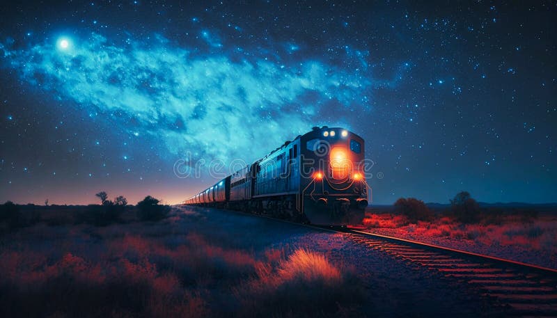 Very Beautiful Night Sky Glow Side Train Stars in, Generative AI Stock ...
