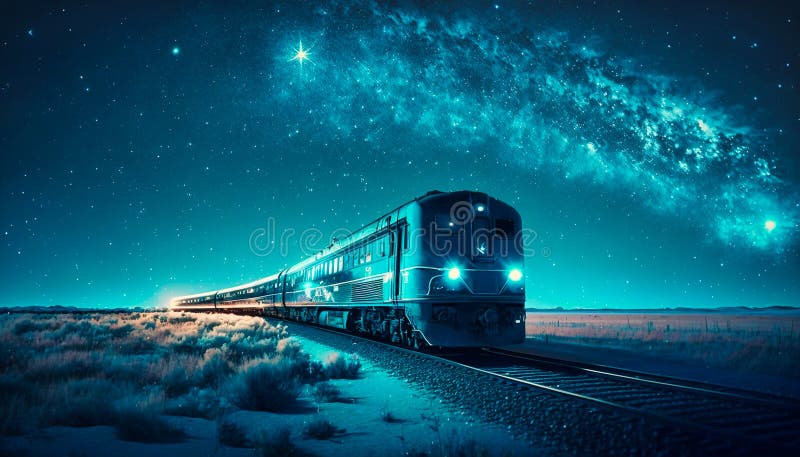 Very Beautiful Night Sky Glow Side Train Stars in, Generative AI Stock ...