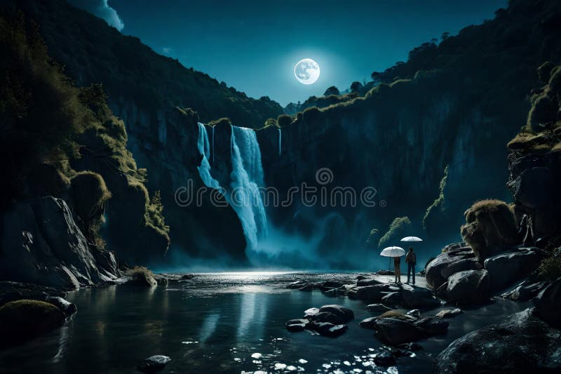A Very Beautiful Waterfall Falling from the Mountains Under the Moon in ...