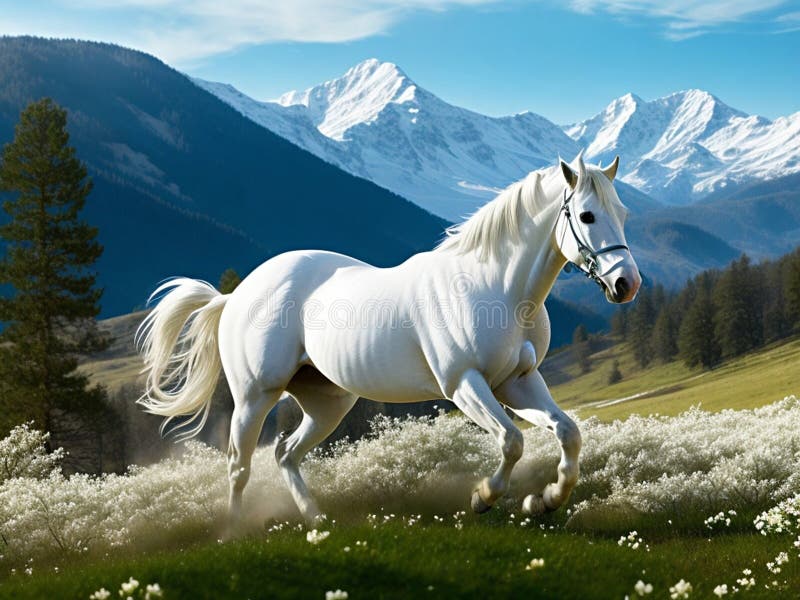 White Horse Running in Mountain Landscape in Spring Stock Illustration ...