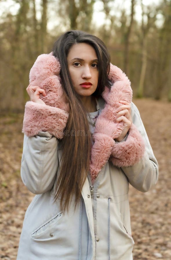 Beautiful Woman in Modern Jacket Posing in the Forest Stock Image ...