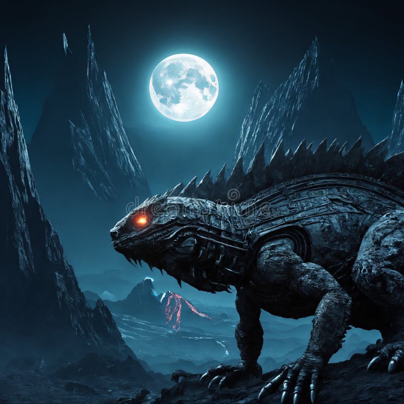 Very Big Lizard with a Full Moon in the Background Stock Illustration ...