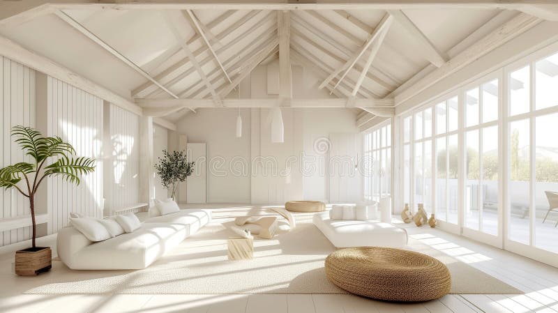 Very Bright Huge Spacious Room with White Walls and Wooden Elements ...
