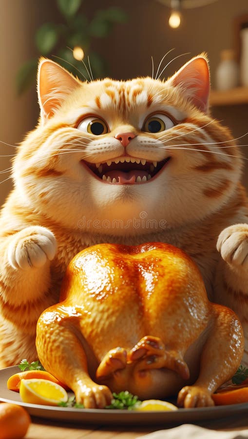 A Very Chubby Orange Cat with a Round Belly, Happily Eating a Large ...