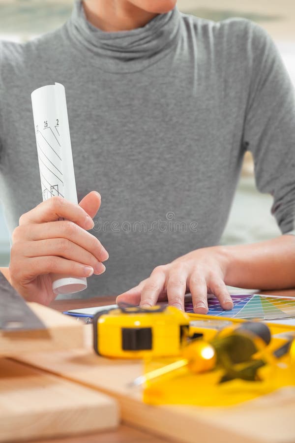 Very Close Up View on Hands of Female Worker and Tools on Table Stock ...