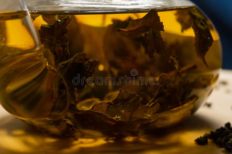 Very Closeup View on Teapot with Brewed Green Chinese Tea Stock Image ...