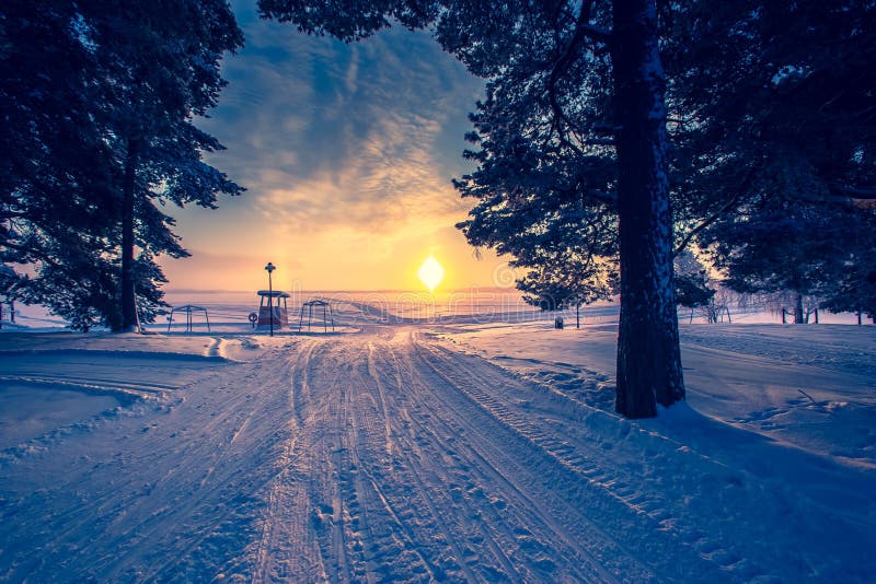 Very Cold Day Sunset Scenery from Sotkamo, Finland. Stock Photo - Image ...