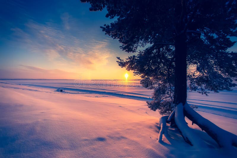 Very Cold Day Sunset Scenery from Sotkamo, Finland. Stock Photo - Image ...
