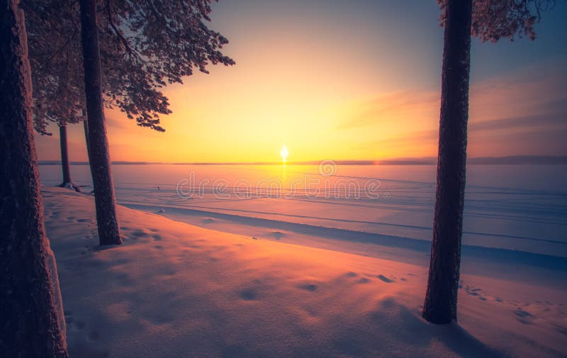 Very Cold Day Sunset Scenery from Sotkamo, Finland. Stock Image - Image ...
