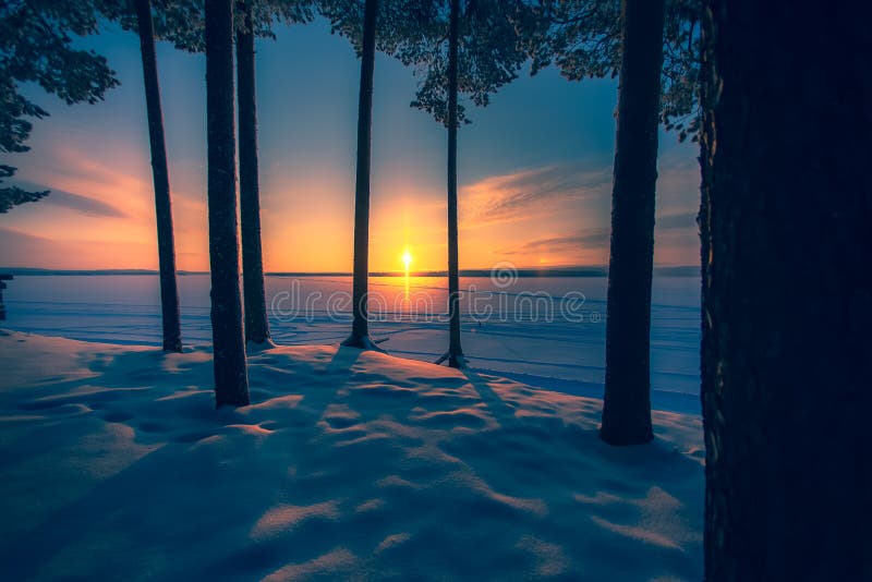 Very Cold Day Sunset Scenery from Sotkamo, Finland. Stock Image - Image ...