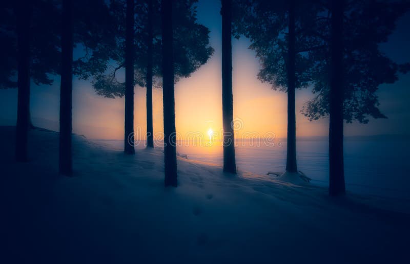 Very Cold Day Sunset Scenery from Sotkamo, Finland. Stock Image - Image ...