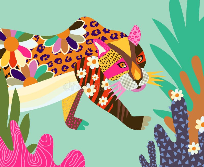 Colorful Folk Art Leopard Animal Portrait Stock Vector - Illustration ...