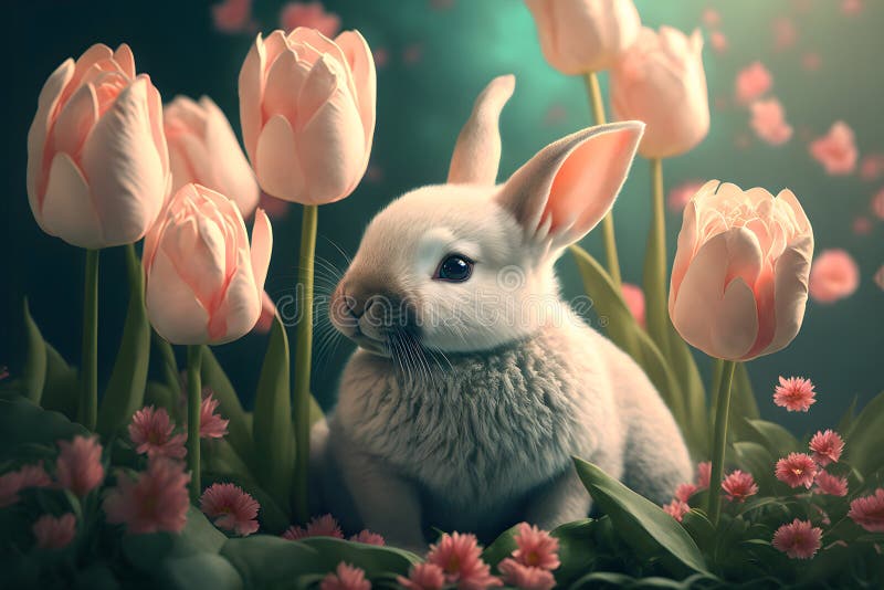 Cute Bunny Siting on the Grass in the Forest among the Beautiful Tulips ...
