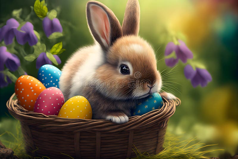 Cute Easter Bunny Sitting in Basket with Colorful Painted Eggs Stock ...