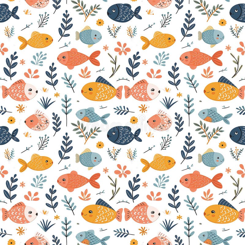 Very Cute Fish Clipart Seamless Pattern. Tile Stock Image - Image of ...