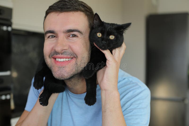 Very Cute Man and His Black Cat Stock Image - Image of adorable, love ...