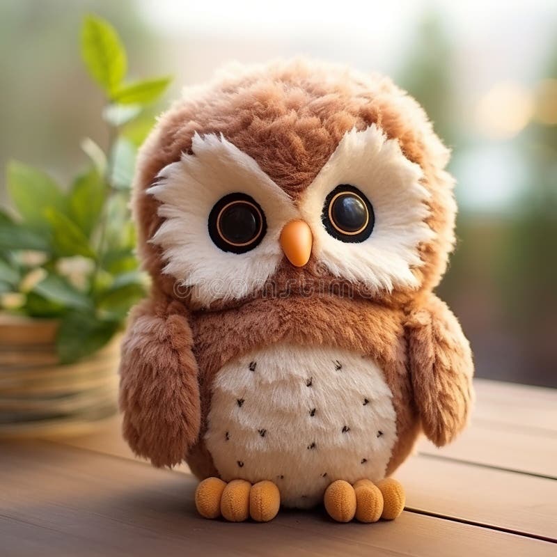 Very Cute Plush Brown Owl on Table Next To Flower Pot Stock ...