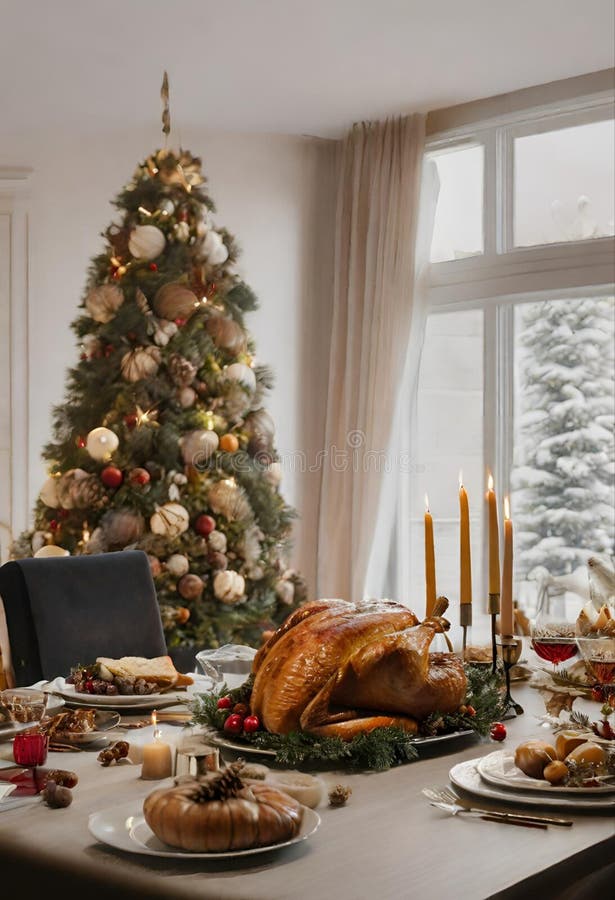 Indoor Christmas Scene. a Dining Table with Typical Christmas Foods. AI ...