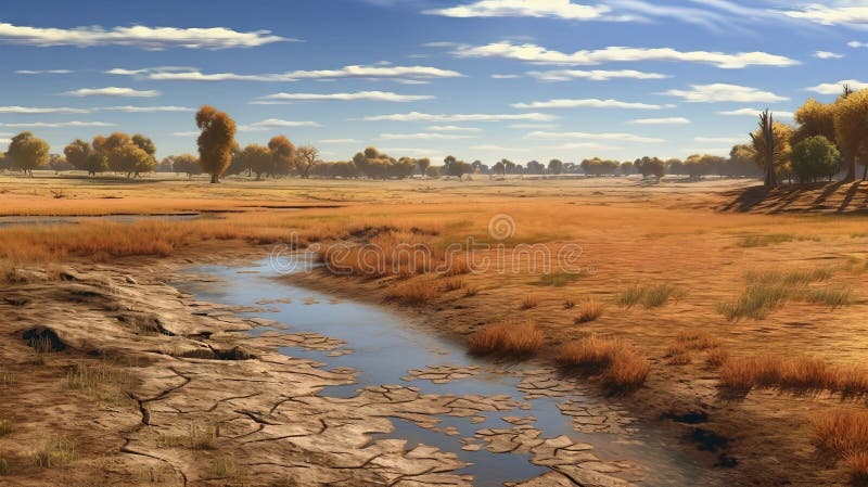 Dry Fields in a Drought Landscape with an almost Empty River and a Blue ...