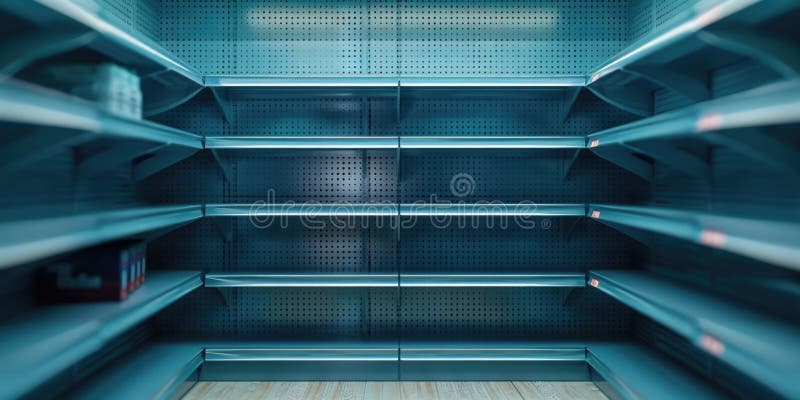 A Very Empty Store Shelf with a Few Items on it. the Shelf is Blue and ...