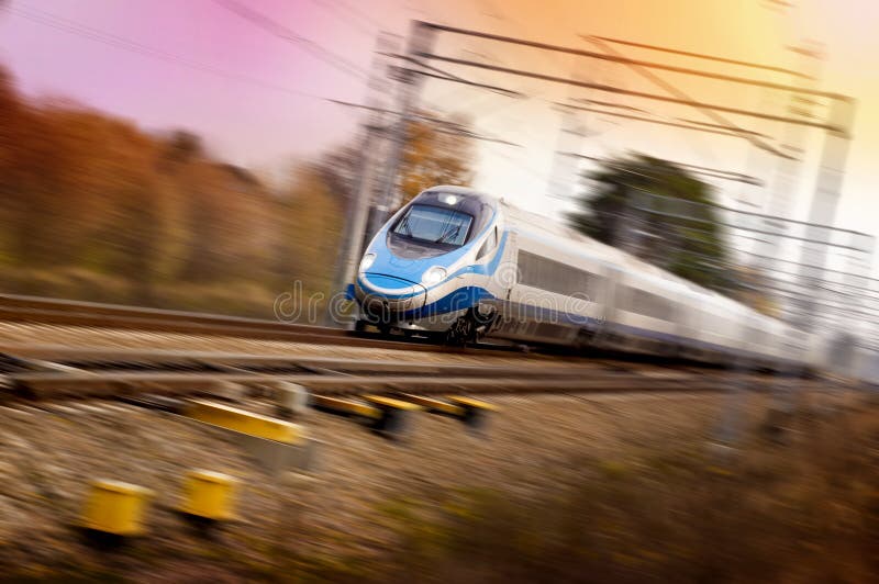 Very Fast Train on Railway - Motion Blur, Sunset Stock Photo - Image of ...