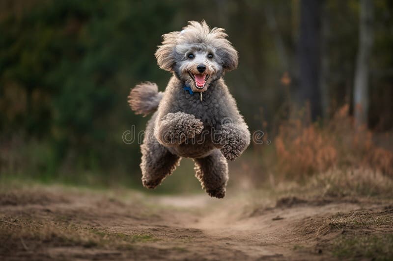A Very Happy Dwarf Grey Poodle Jumping Stock Photo - Image of animal ...