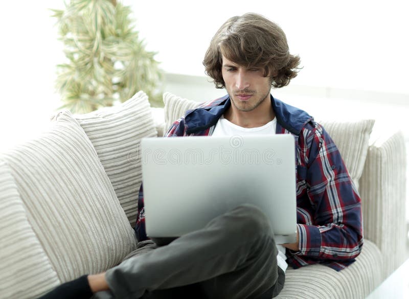 Very Happy Guy Working with Laptop at Home. Stock Photo - Image of male ...