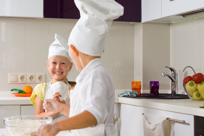 Very Happy Little Chefs Baking in Kitchen Stock Photo - Image of ...